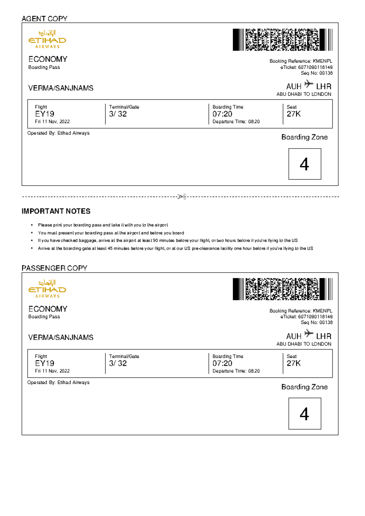 Etihad Airways 11 Nov 2022 Kmenpl Sanjnams Verma - AGENT COPY IMPORTANT ...