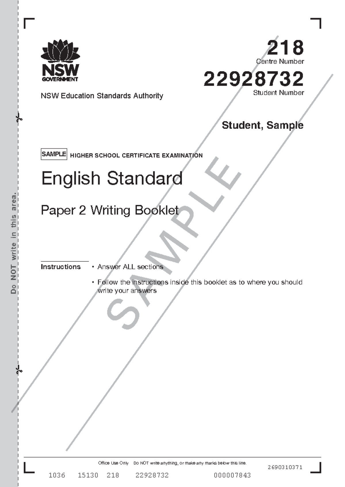 English standard paper 2 sample examination writing booklet - Office ...