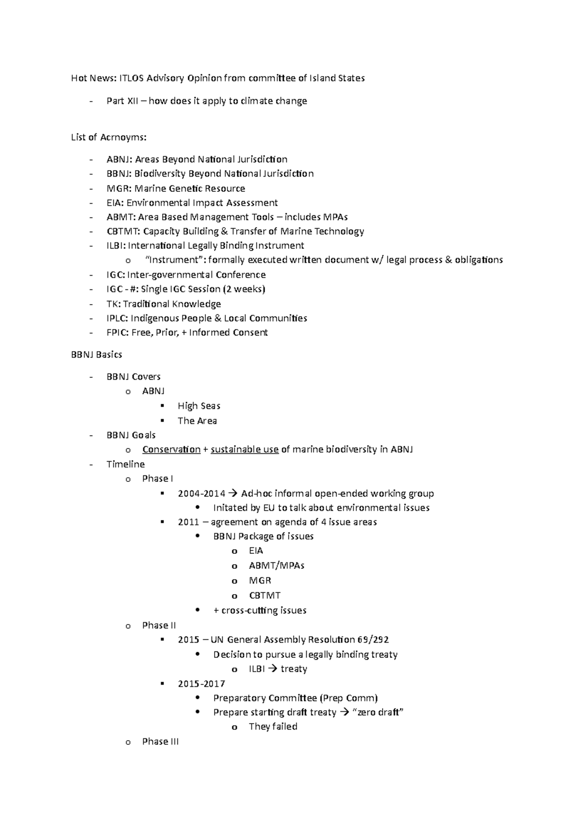 Class notes - BBNJ - Hot News: ITLOS Advisory Opinion from committee of ...