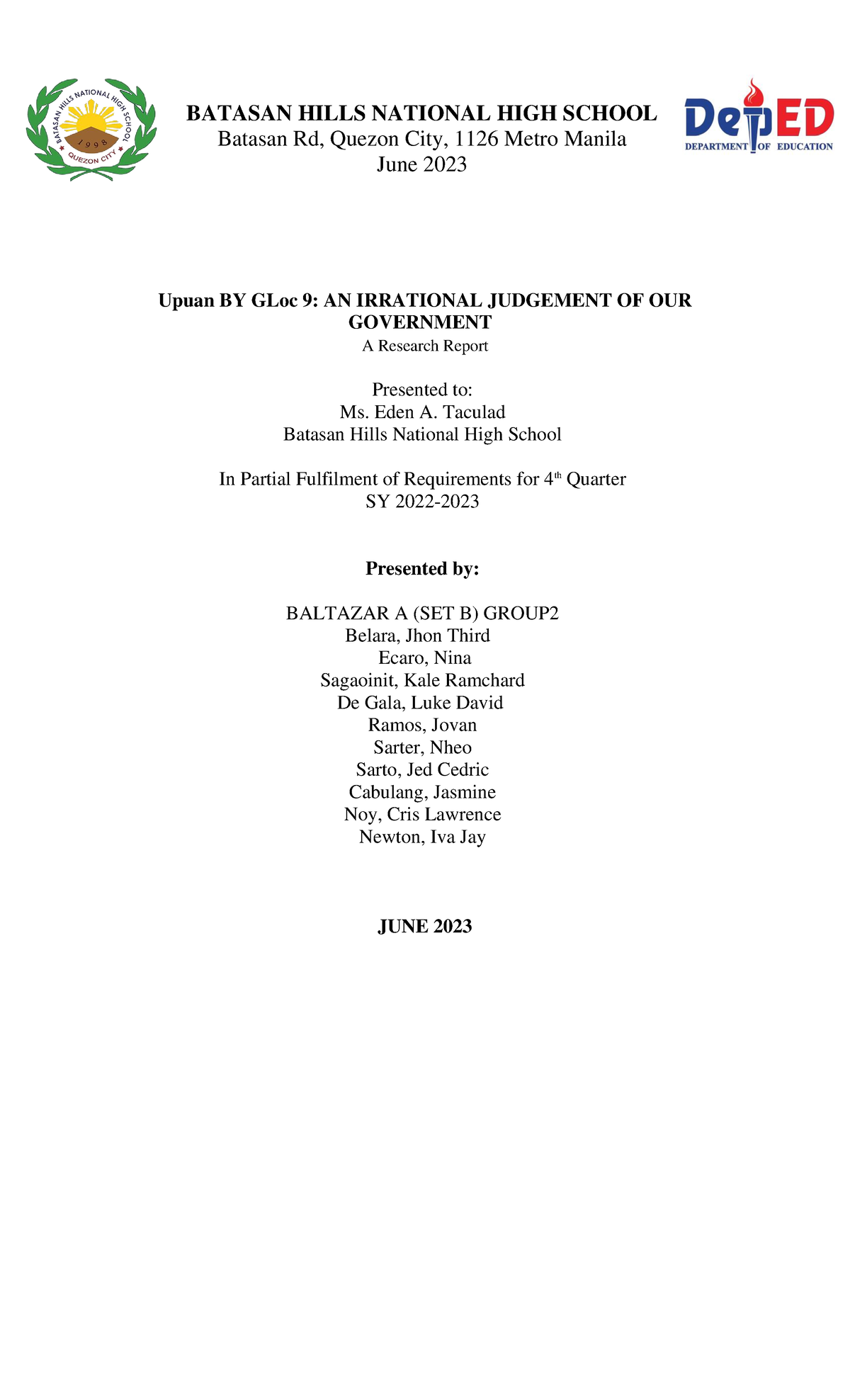 Baltazar A G2 Upuan BY GLOC 9 - BATASAN HILLS NATIONAL HIGH SCHOOL ...