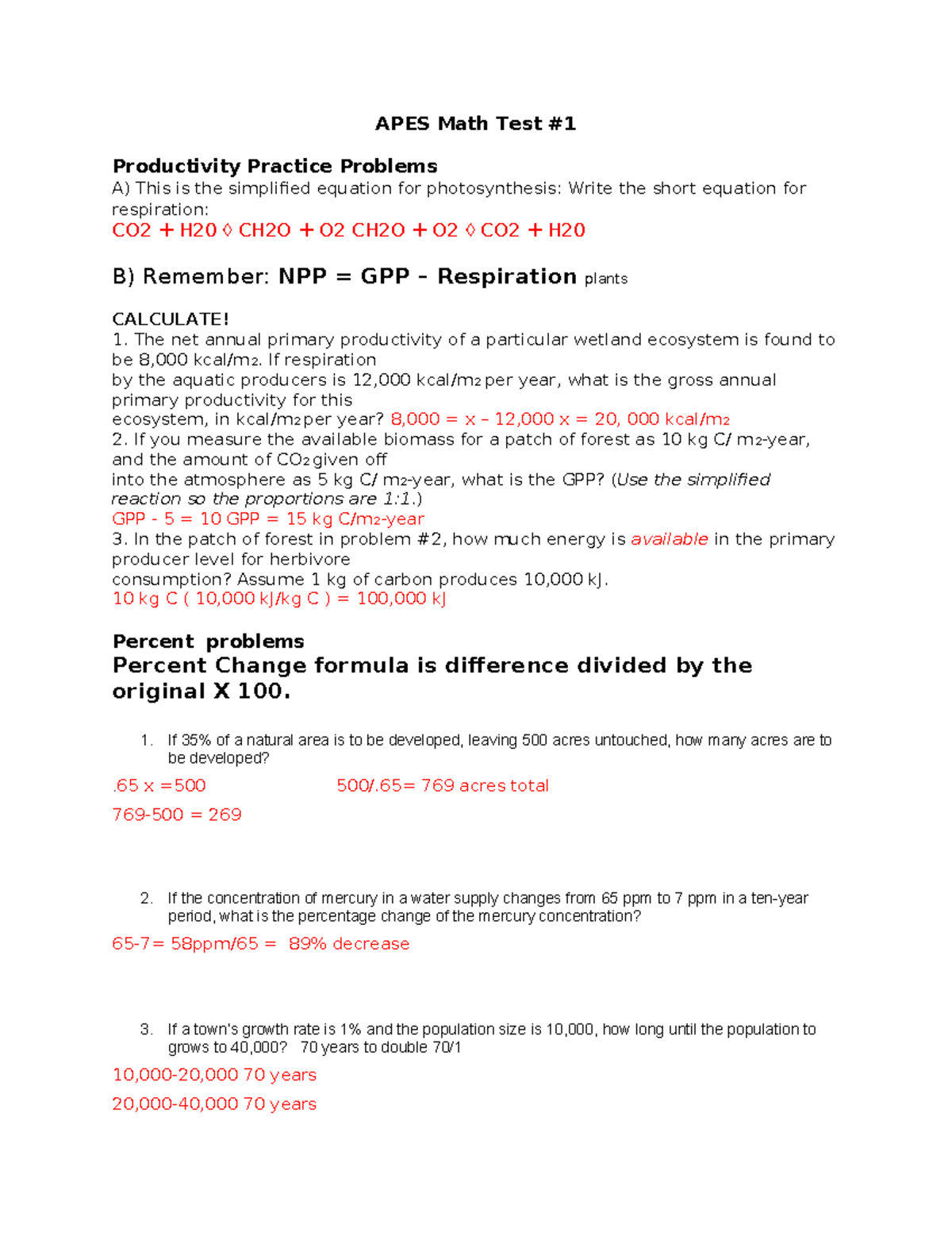 Review Math Wksheet Teacher - APES Math Test Productivity Practice ...