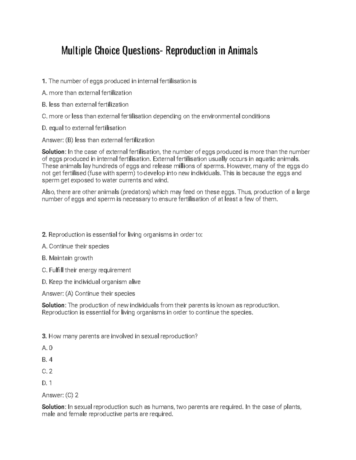 MCQs -Reproduction in Animals - Multiple Choice Reproduction in Animals ...