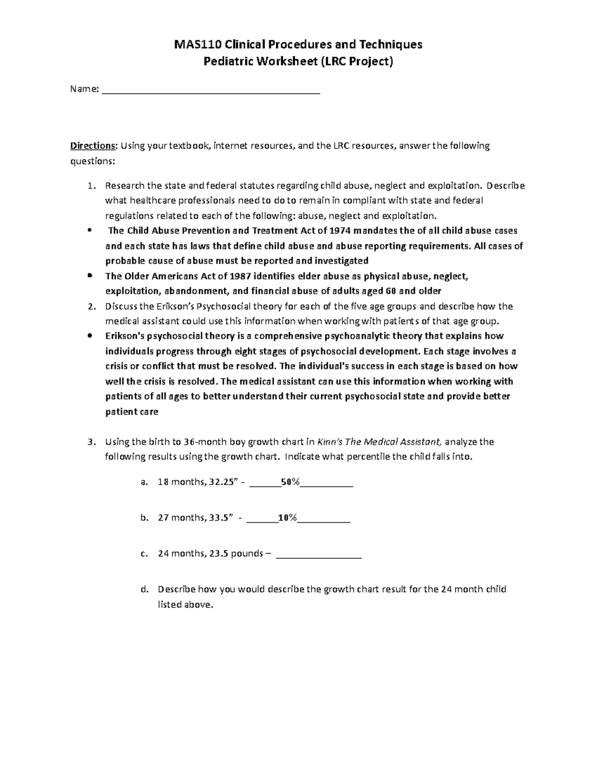 MAS110 Week 5 Pediatric Worksheet - MAS110 Clinical Procedures and ...