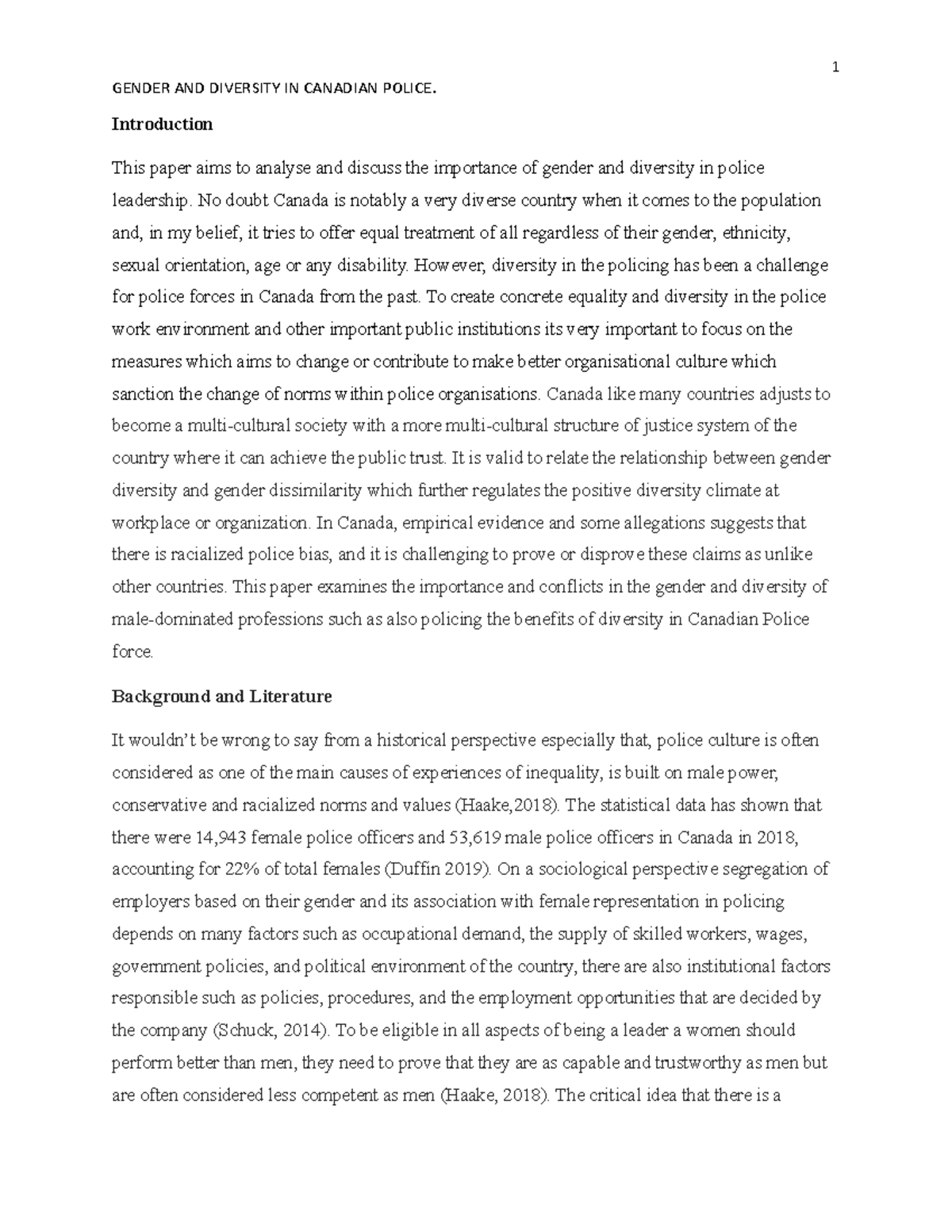 CRIM Paper - Grade: A+ - GENDER AND DIVERSITY IN CANADIAN POLICE ...