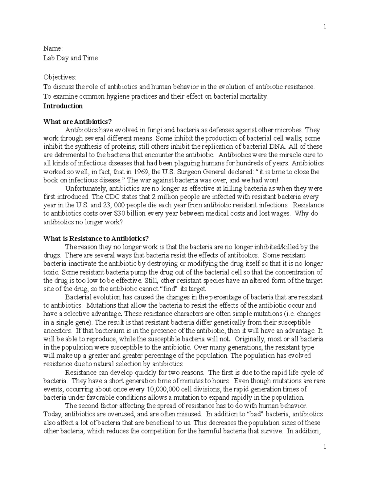 Antibiotic Resistance Lab Handout-1 - Name: Lab Day and Time ...