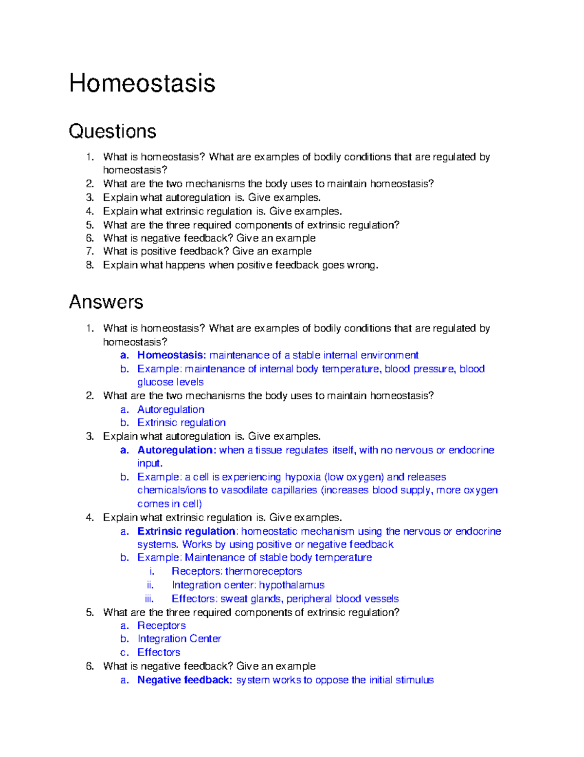 Completed Anatomy 2 Exam 1 Notes - Homeostasis Questions What is ...