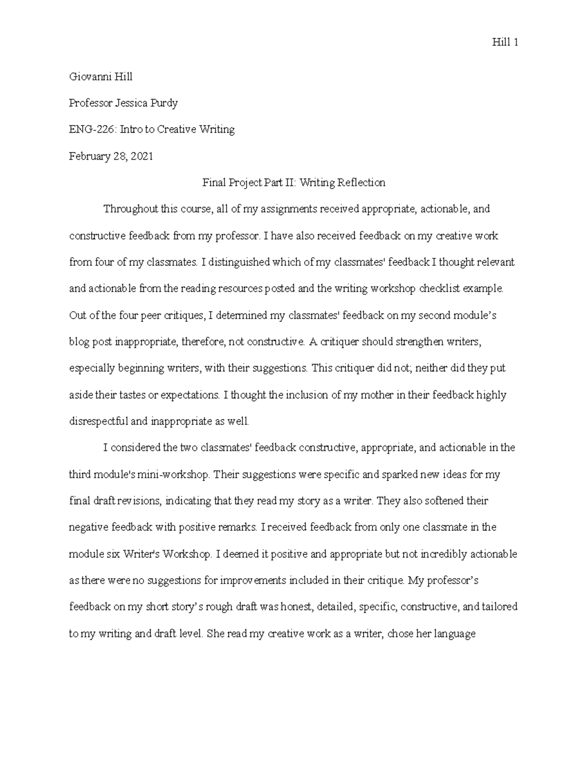ENG226 Final Project Part 2 Writing Reflection - Giovanni Hill ...