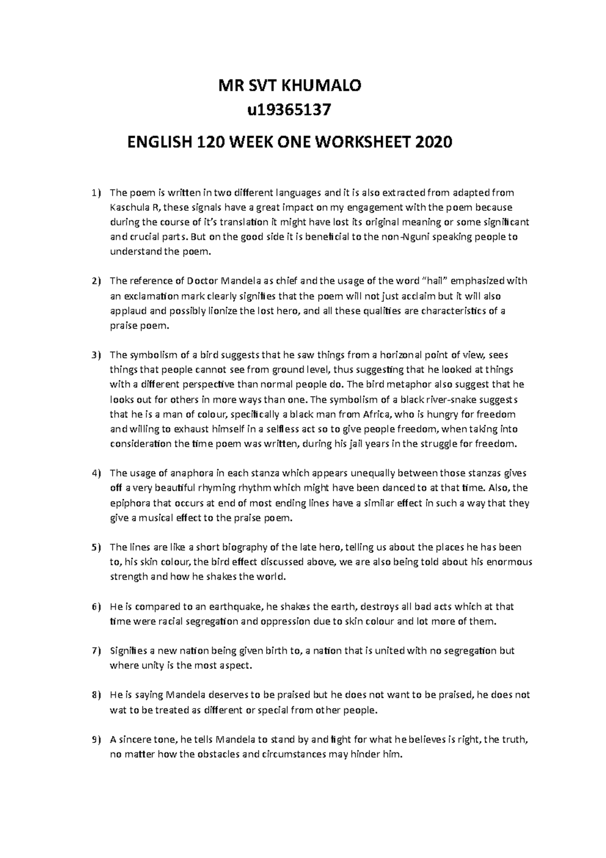 MR SVT Khumalo - WOORKSHEET 5 - MR SVT KHUMALO u ENGLISH 120 WEEK ONE ...