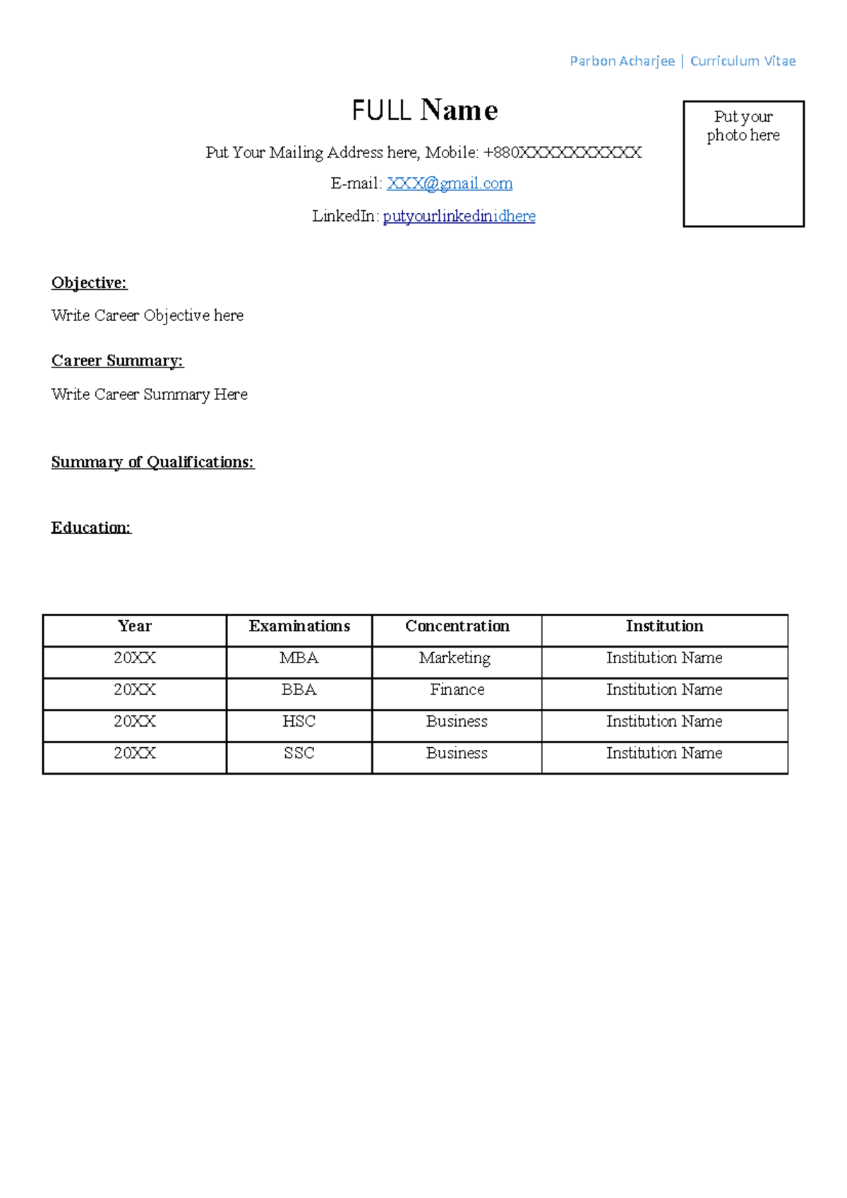 CV Format - Parbon Acharjee | Curriculum Vitae FULL Name Put Your ...