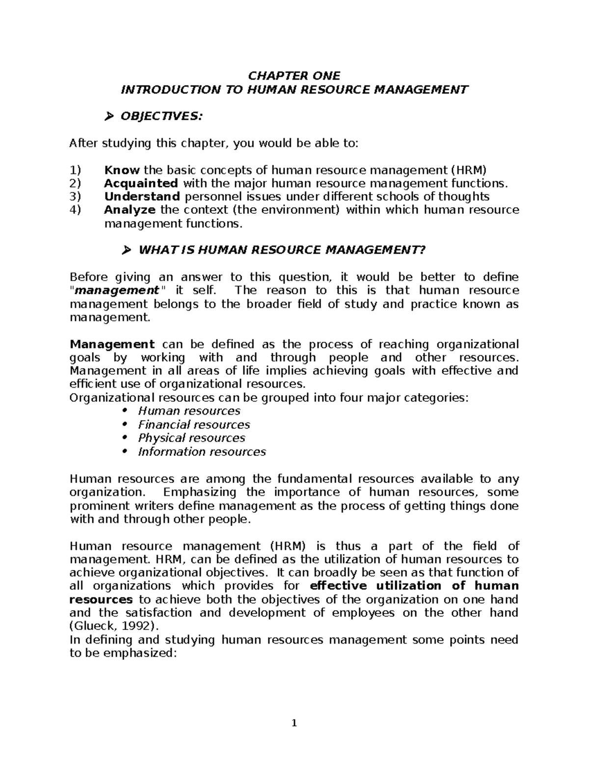 HRM CH=1 & 2 - CHAPTER ONE INTRODUCTION TO HUMAN RESOURCE MANAGEMENT OBJECTIVES: After studying ...
