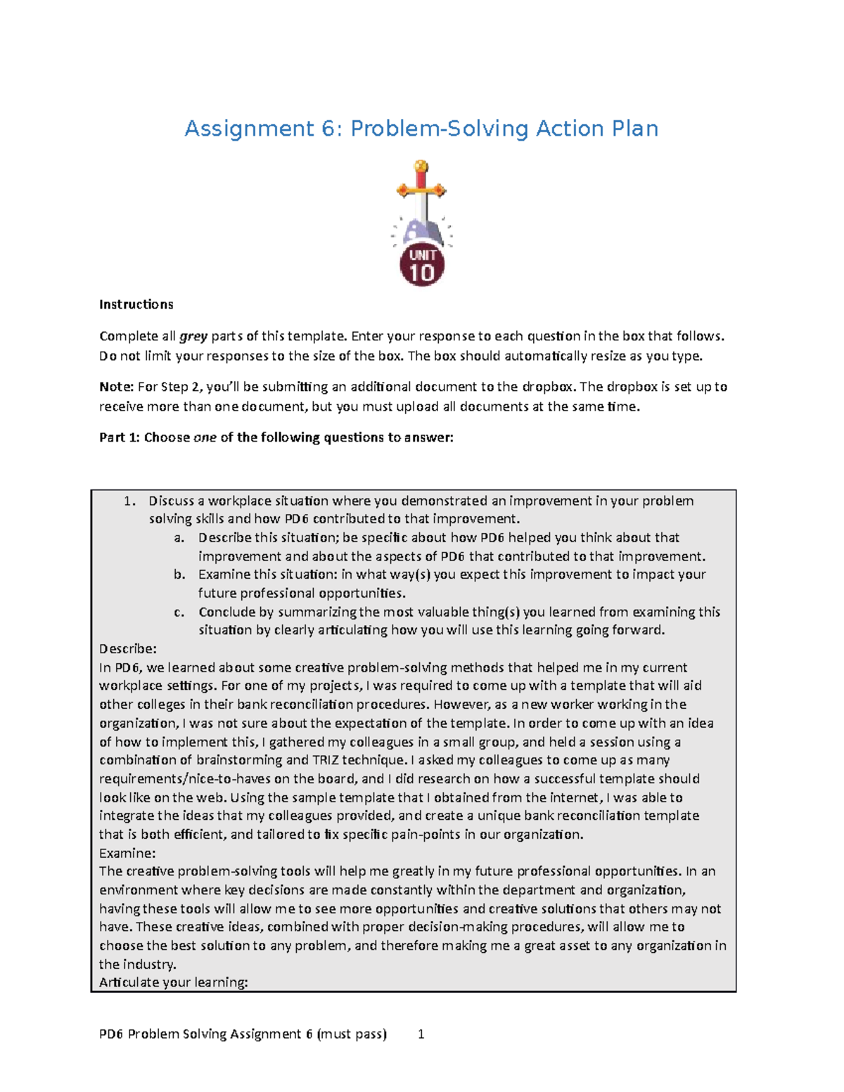 Assignment-6 - Michaela - Assignment 6: Problem-Solving Action Plan ...