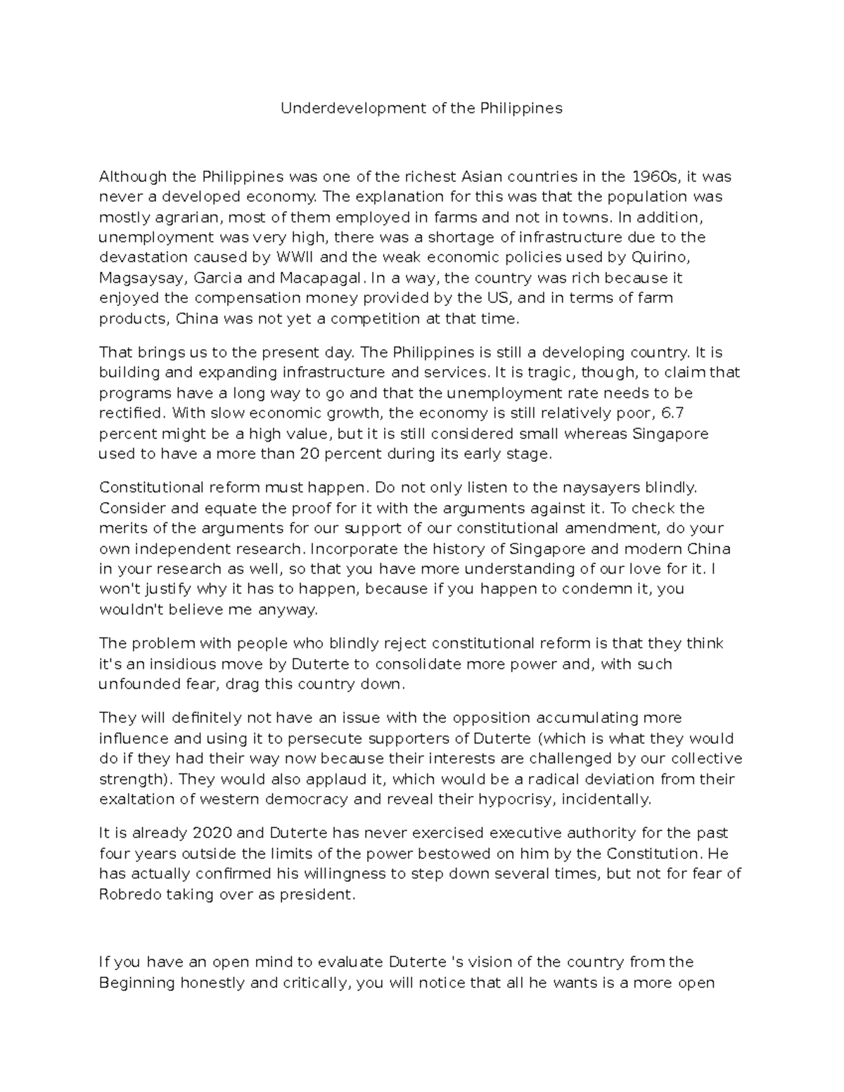 Term Paper 2 Underdevelopment of The Philippines - Underdevelopment of ...
