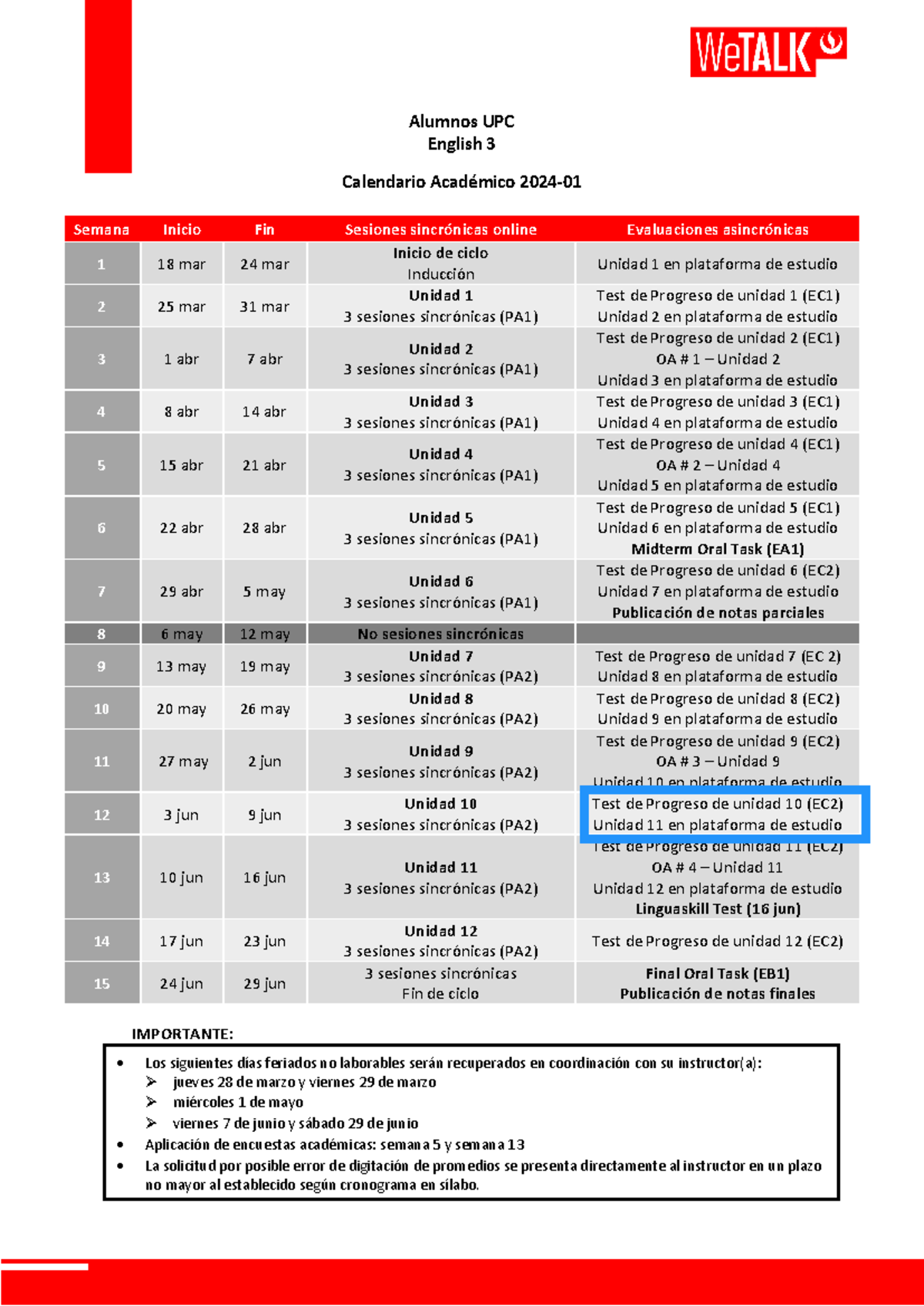 E3 Calendario Alumnos UPC 2024-01 - Alumnos UPC English 3 Calendario Académico 2024 - 01 ...