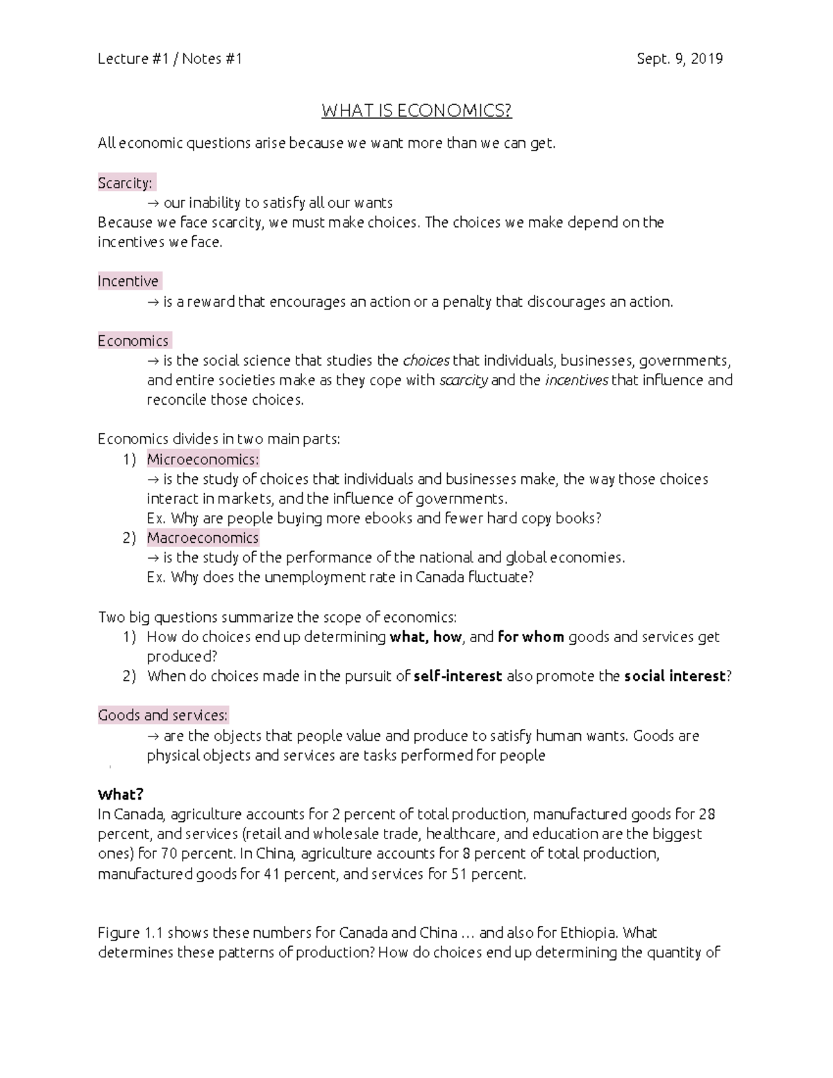 Lecture #1 - Introduction to Economics - Lecture #1 / Notes #1 Sept. 9 ...