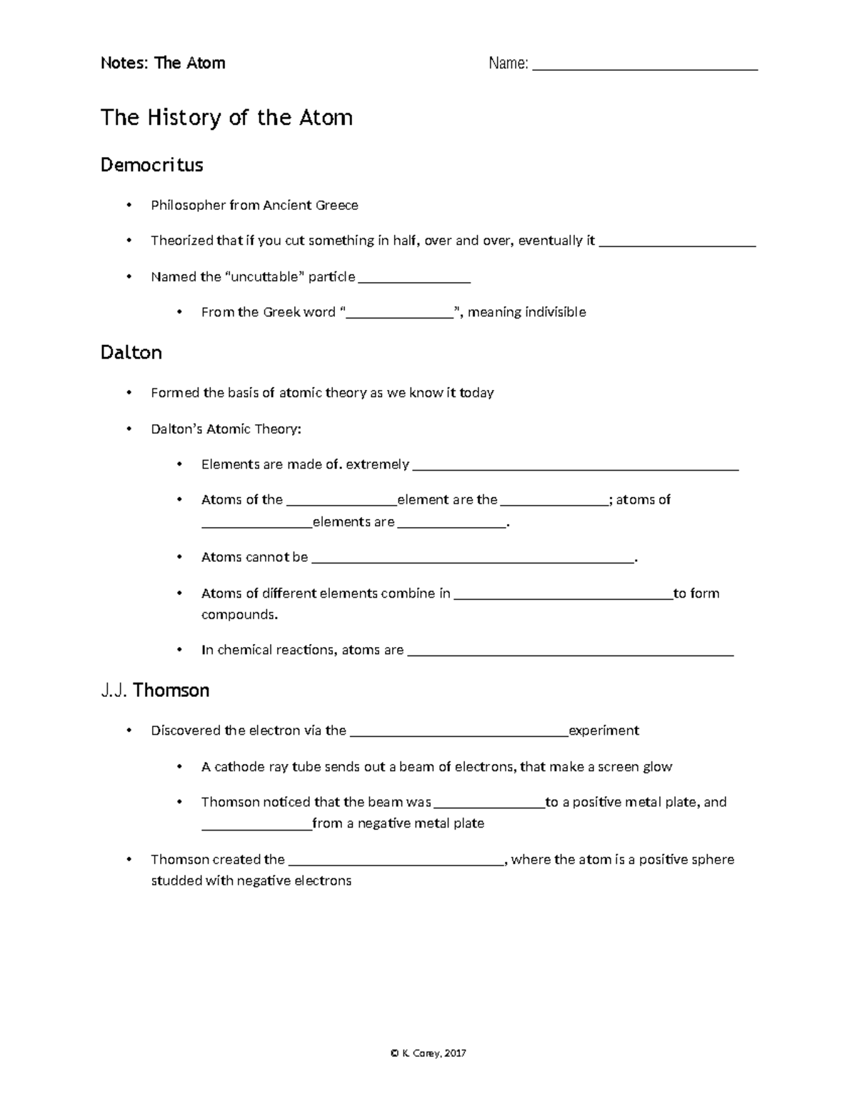 Atom Notes Blank - Student fill in activity. - The History of the Atom ...