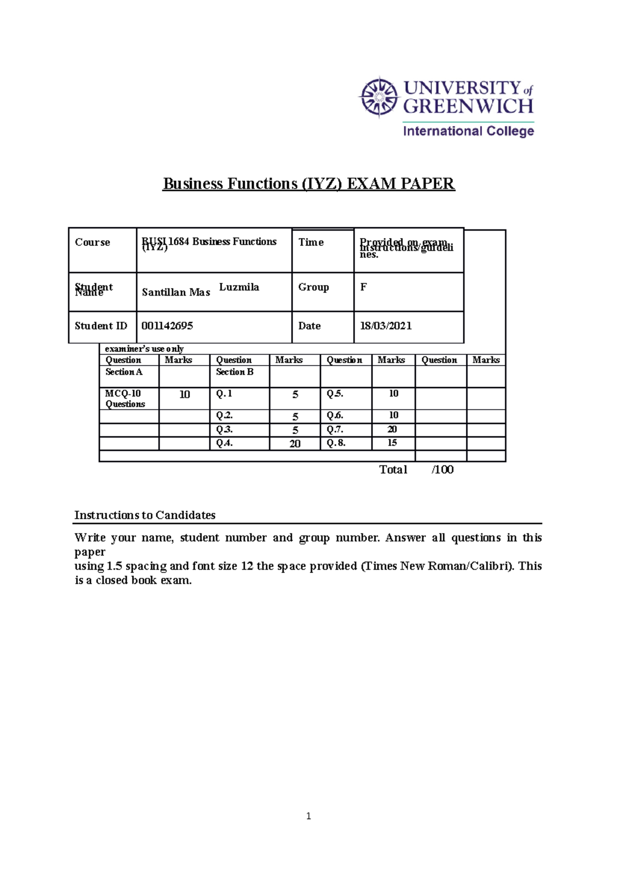 Final Exam Question Paper Business Functions IYZ 18th March 2021