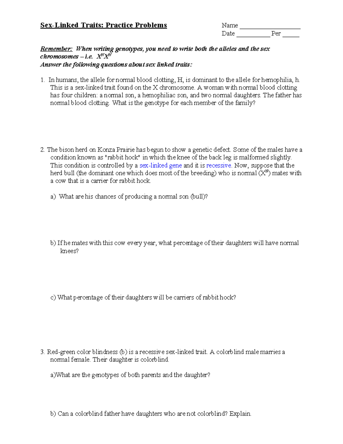 Learn languages - Sex-Linked Traits: Practice Problems Name ...