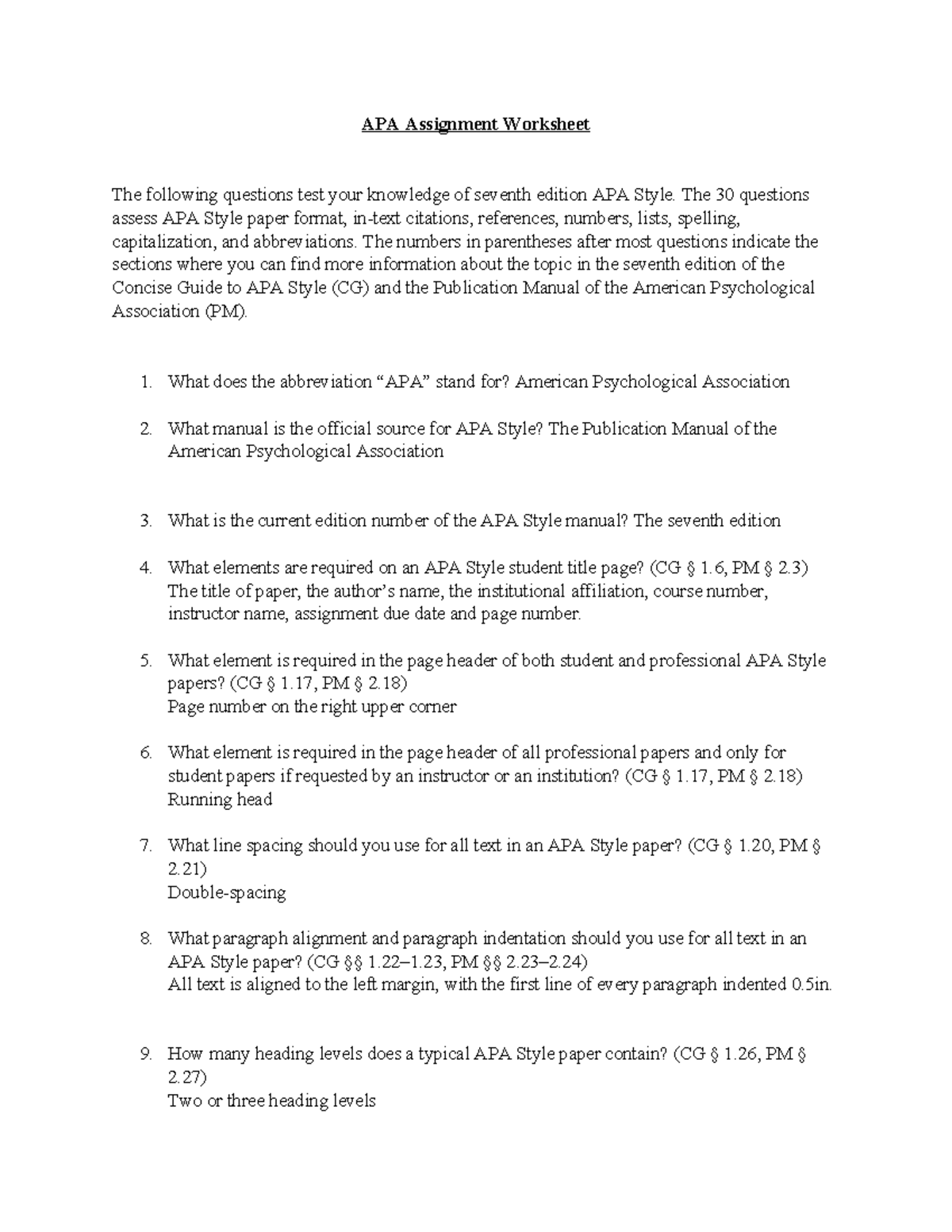 Assignment Worksheet APA - APA Assignment Worksheet The following ...