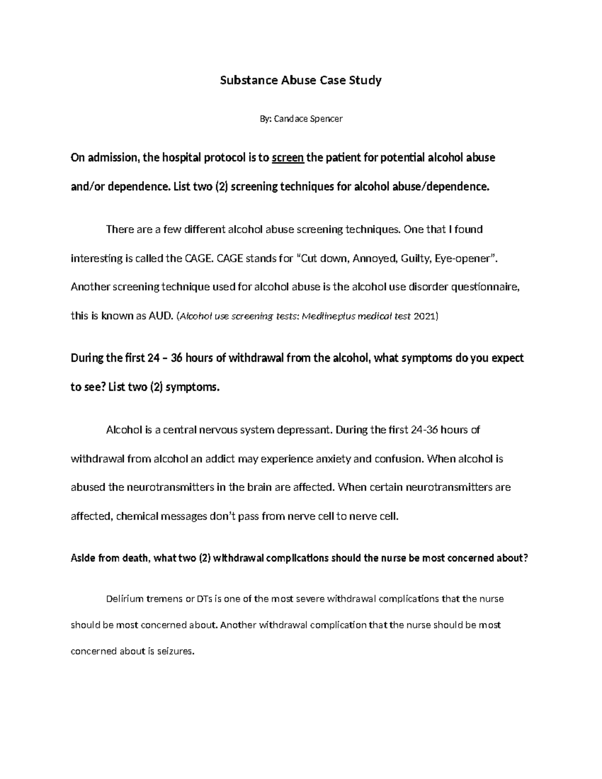 Substance Abuse Case Study - List two (2) screening techniques for ...