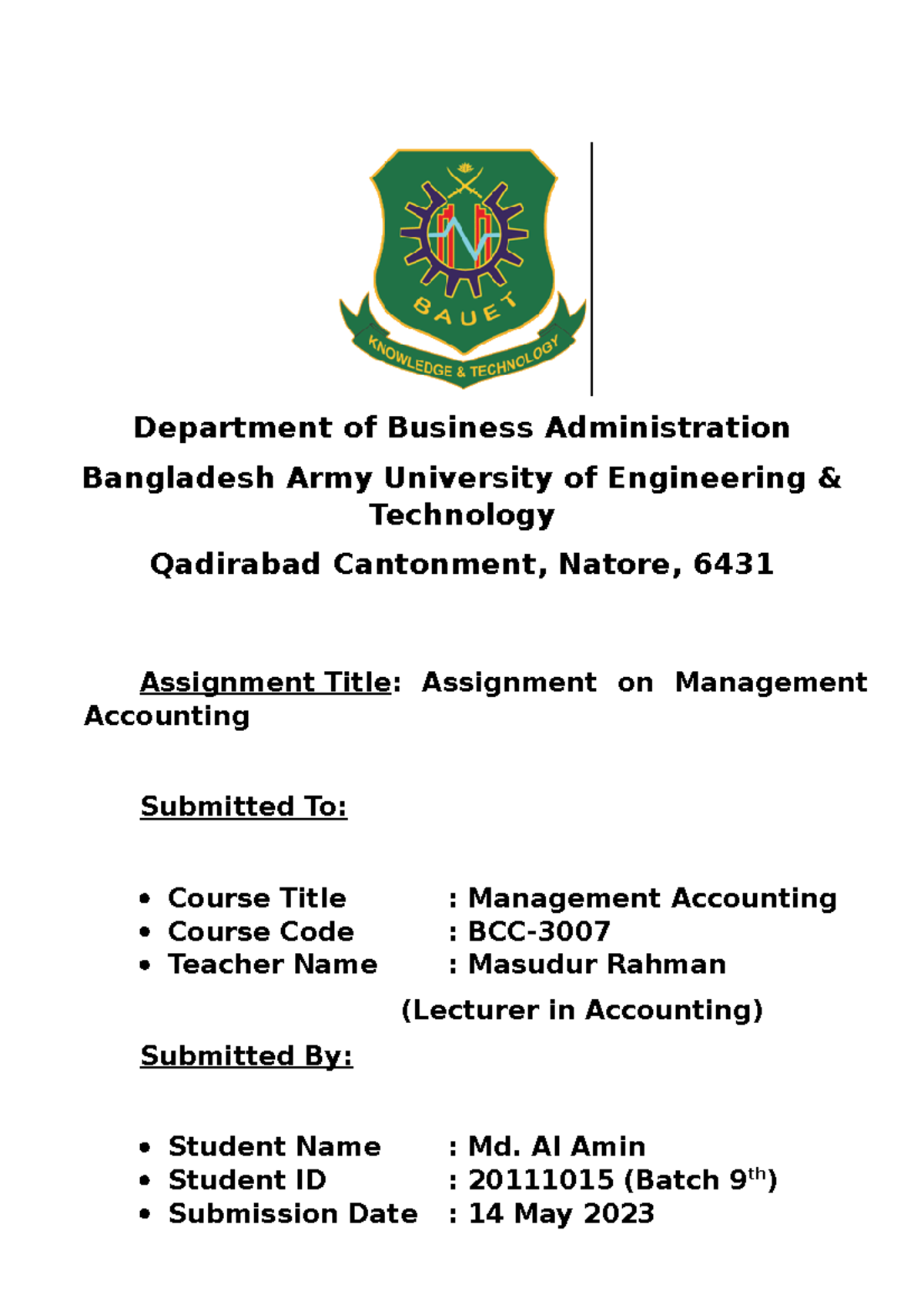 Management Accounting Assignment - Department of Business ...