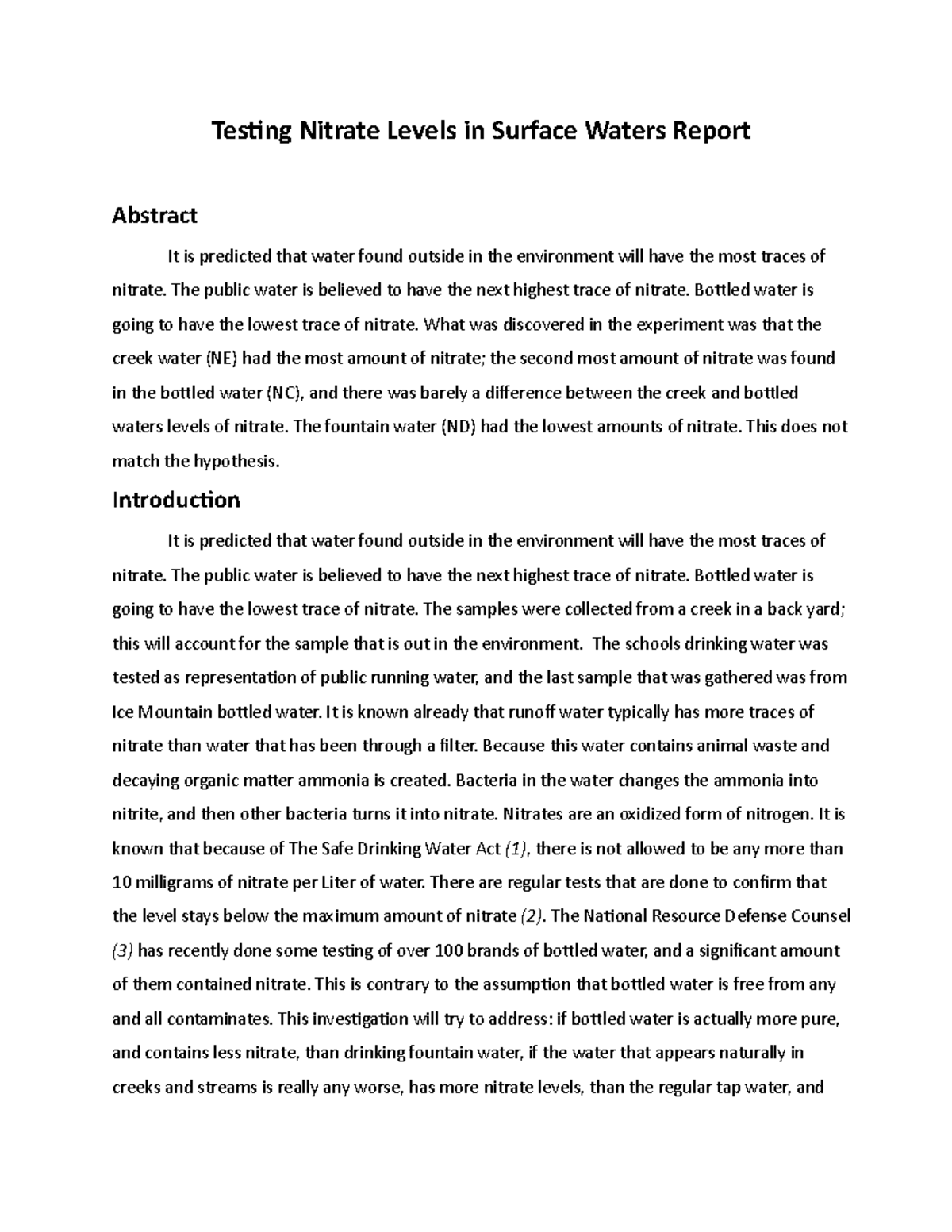 Experiment 7 - Analysis of Surface Waters Report - Testing Nitrate ...