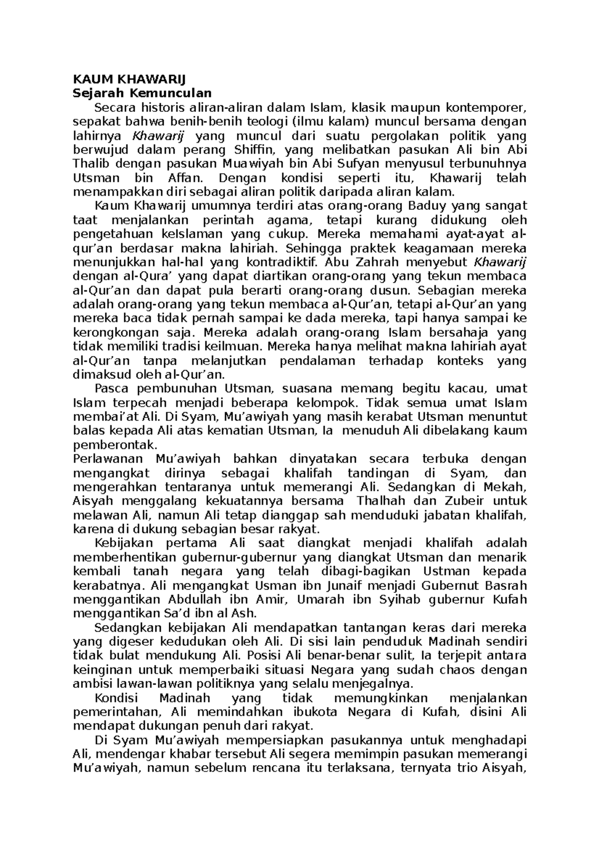 Kaum Khawarij dan Kaum Syiah - KAUM KHAWARIJ Sejarah Kemunculan Secara ...