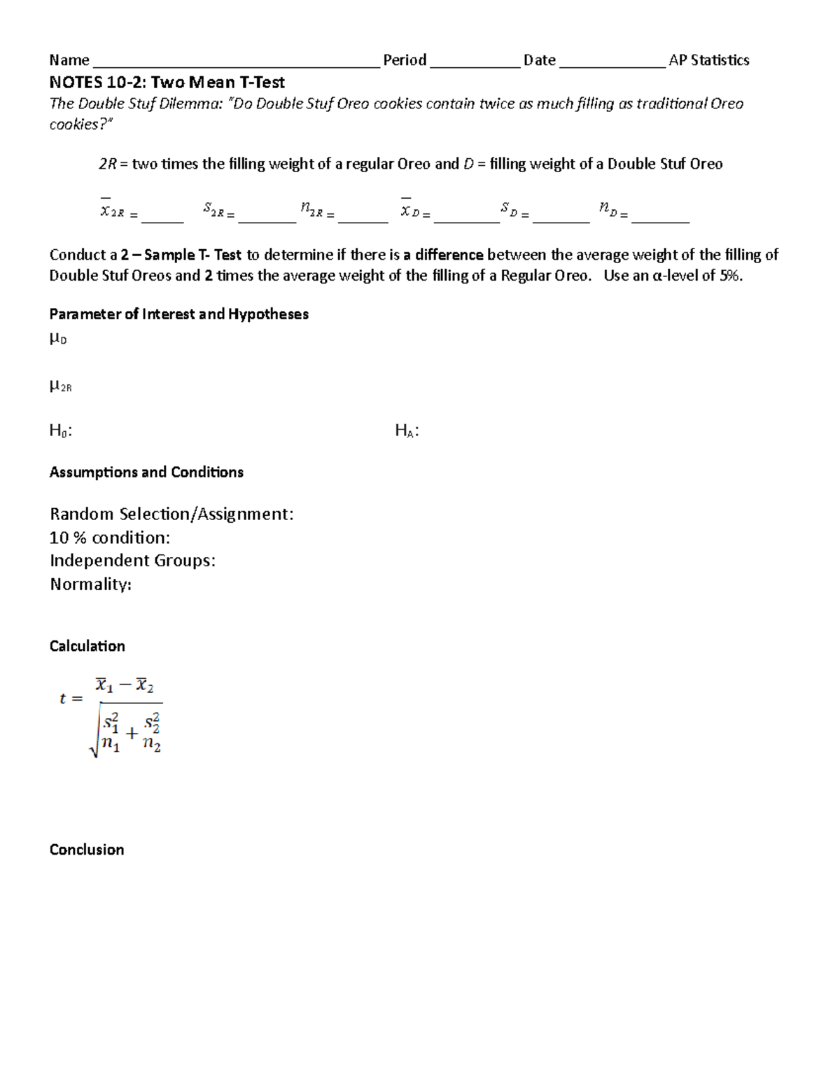Two Sample Mean T-test Notes - Name ...