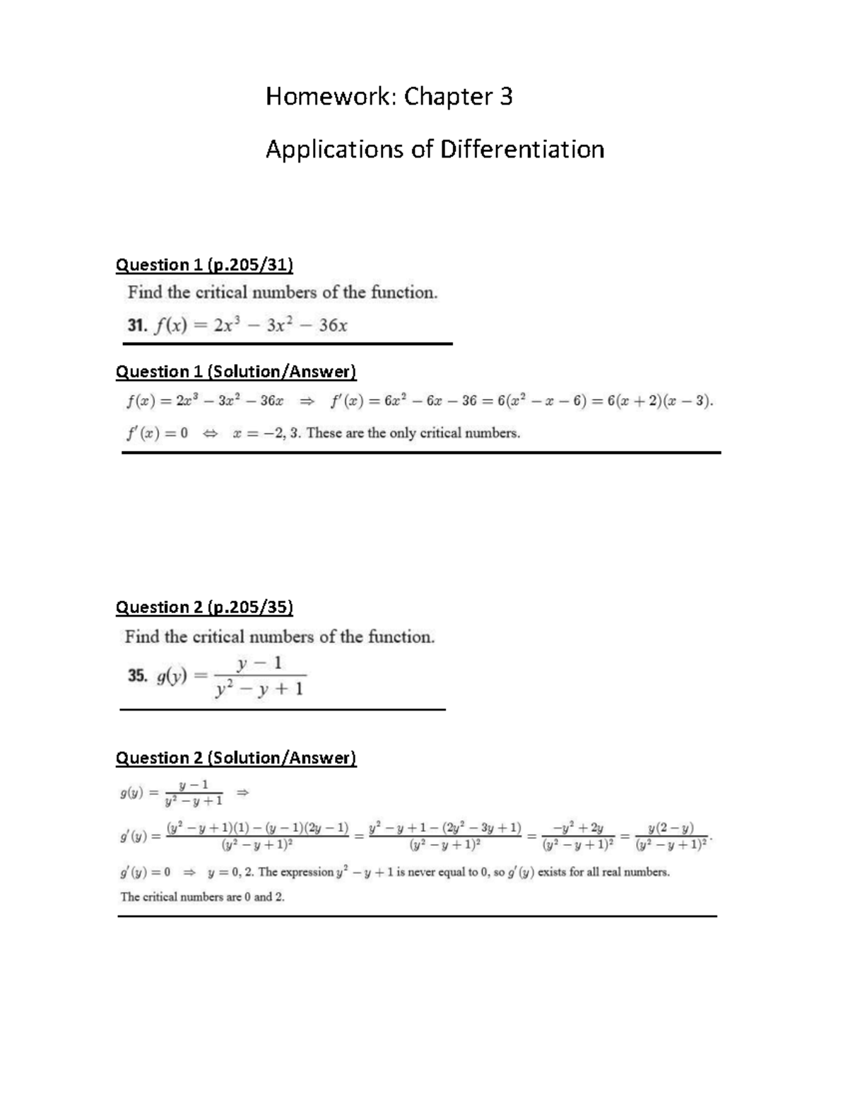 3 - HW-2 week-3-Solutions-Calculus-1 - Homework: Chapter 3 Applications ...