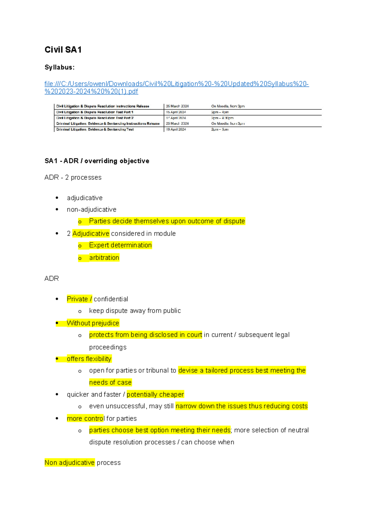 1. Civil SA1 - ADR / Overriding Objective - Civil SA Syllabus: - Studocu