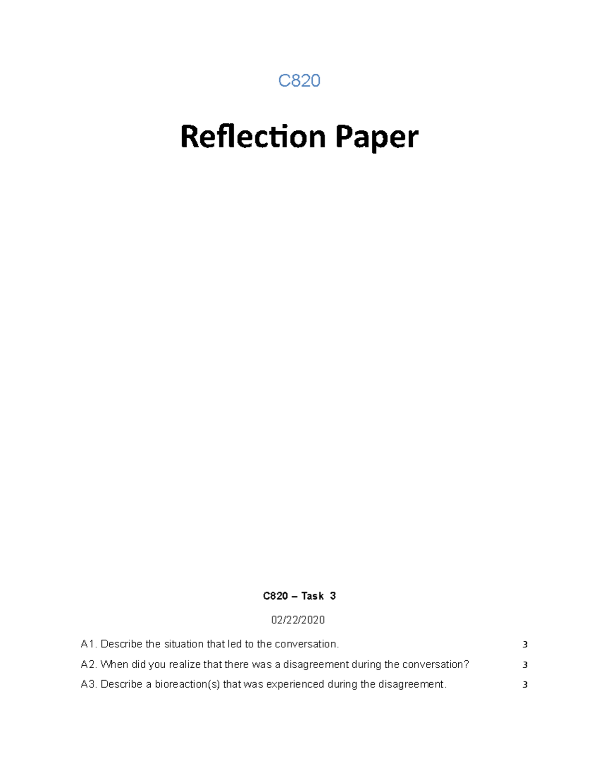 C820 Task 3 - c820 task 3 - Reflection Paper - C C820 – Task 02/22/ A1 ...