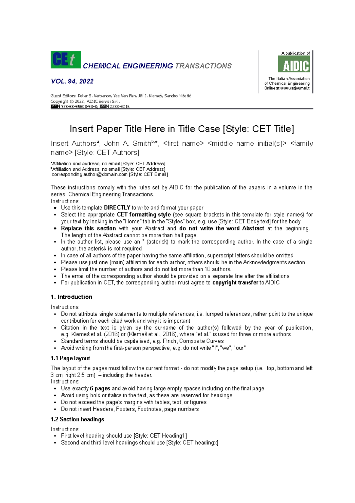 CET article template - CHEMICAL ENGINEERING TRANSACTIONS VOL. 94, 2022 ...