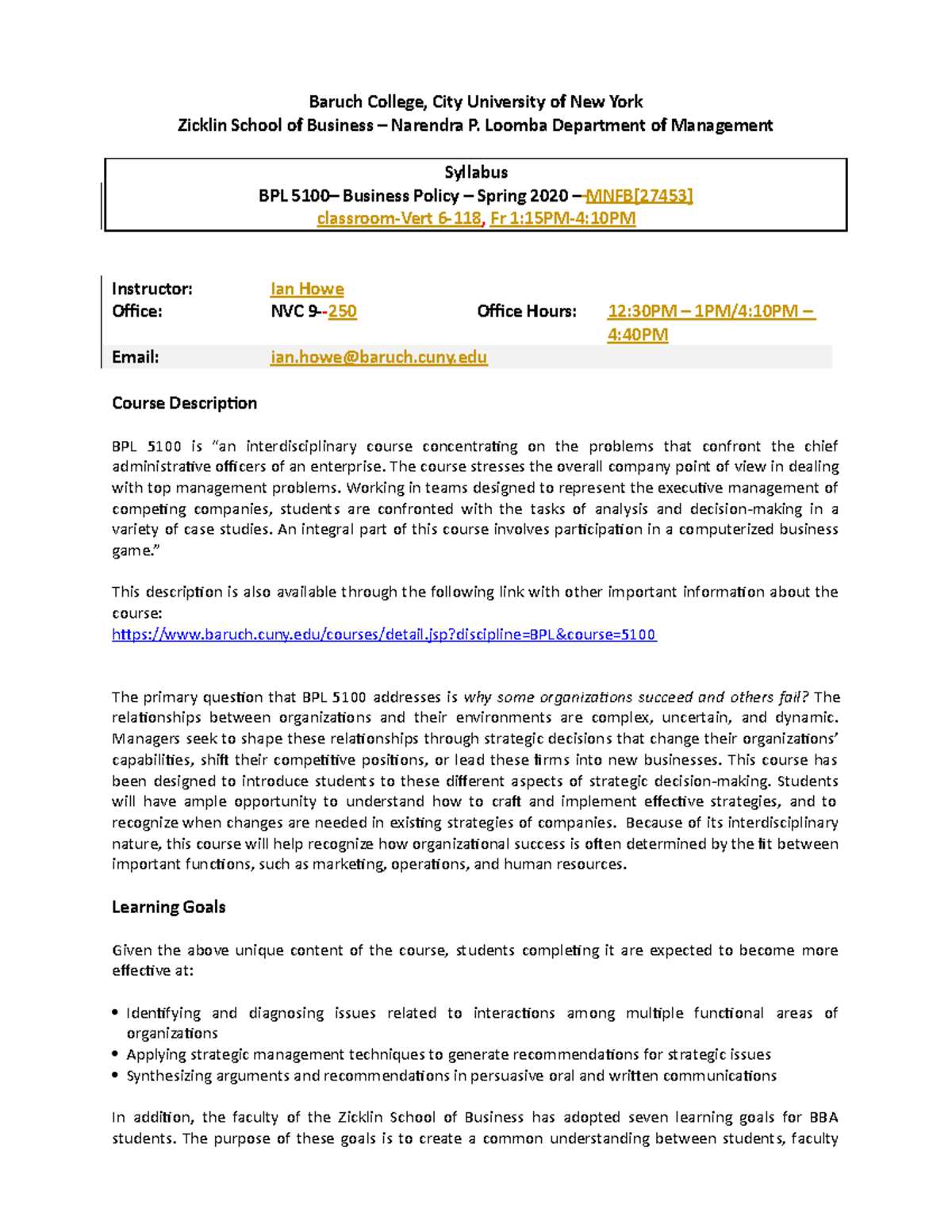 Syllabus - Ian Howe - Baruch College, City University of New York ...