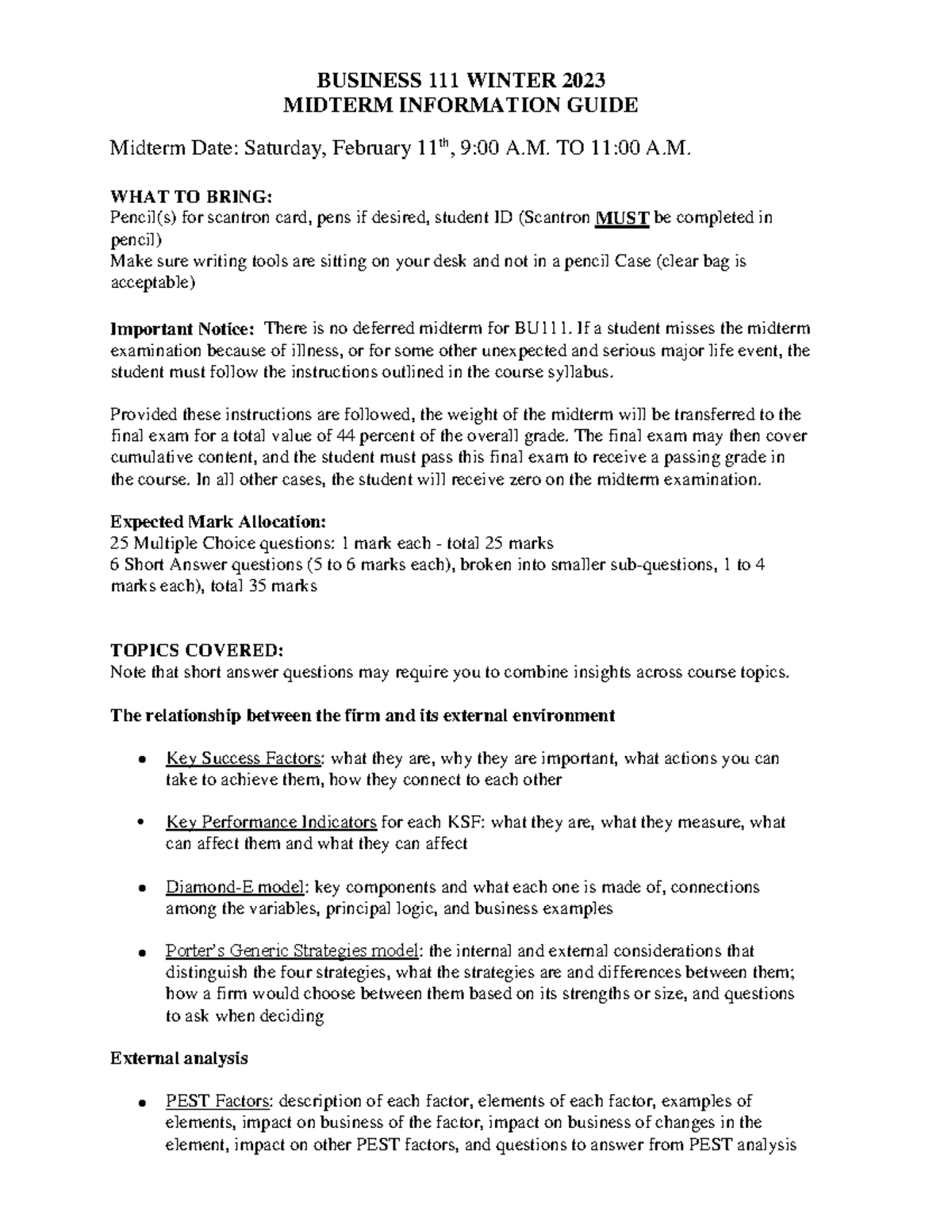 BU111 Midterm Information Guide Winter 2023 - BUSINESS 111 WINTER 2023 ...