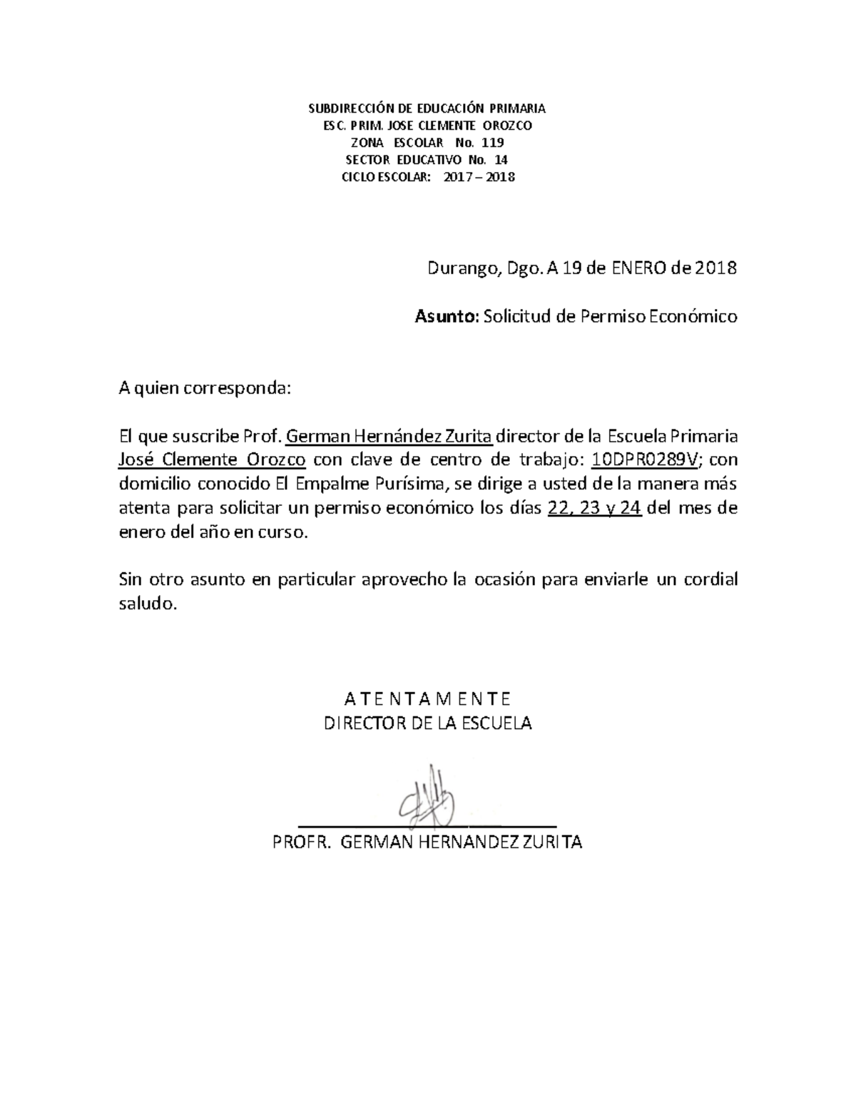 Oficio permiso economico - SUBDIRECCIÓN DE EDUCACIÓN PRIMARIA ESC. PRIM ...