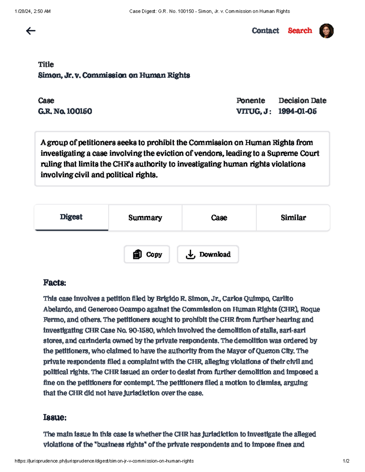 Case Digest G.R. No. 100150 - Simon, Jr. v. Commission on Human Rights - 1/28/24, 2:50 AM Case ...