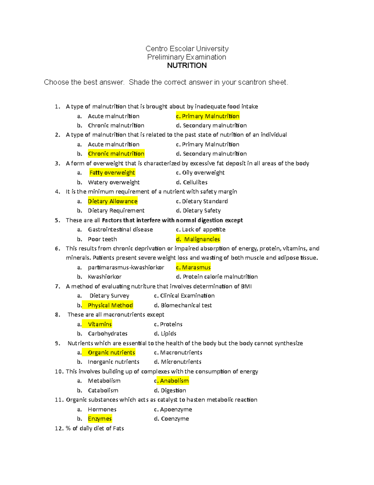 Nutrition Prelim Exam - Centro Escolar University Preliminary ...