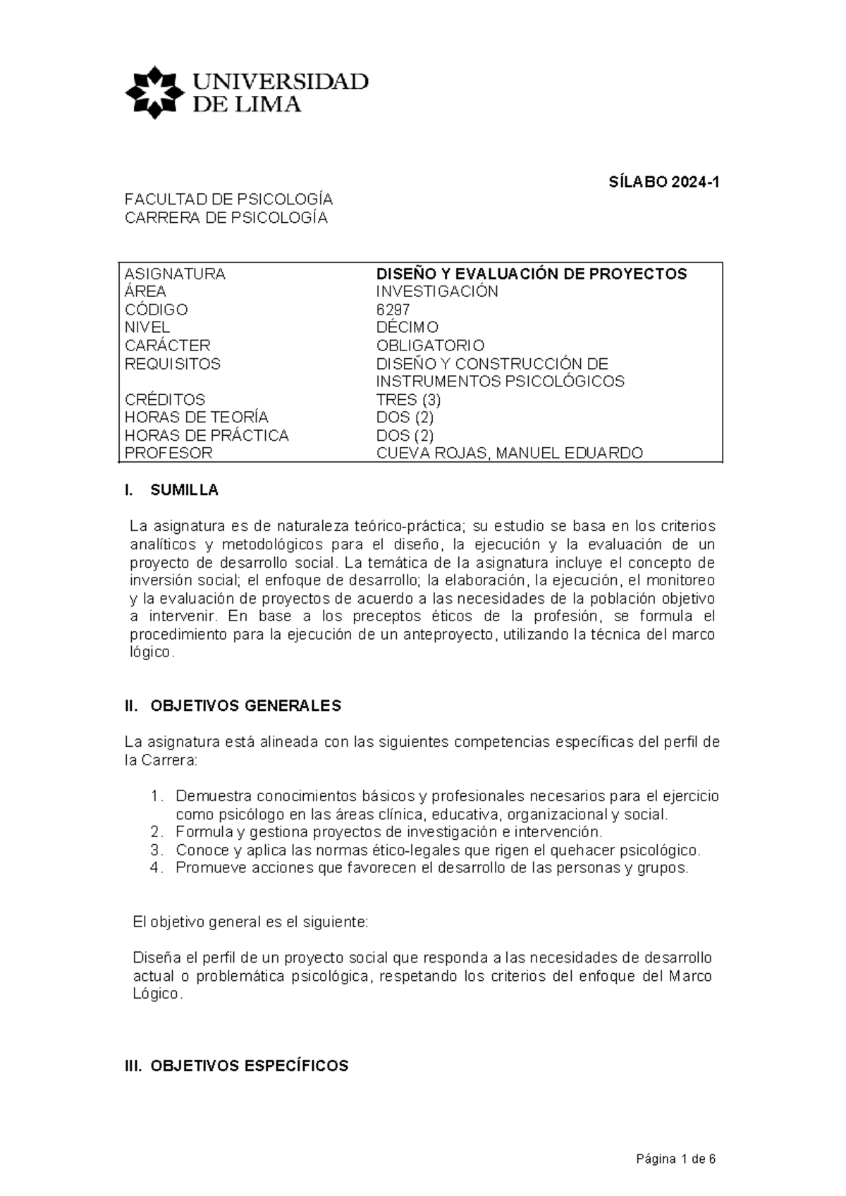 2024-1 SIL Diseño Y Evaluación DE Proyectos - SÍLABO 2024- FACULTAD DE PSICOLOGÍA CARRERA DE ...