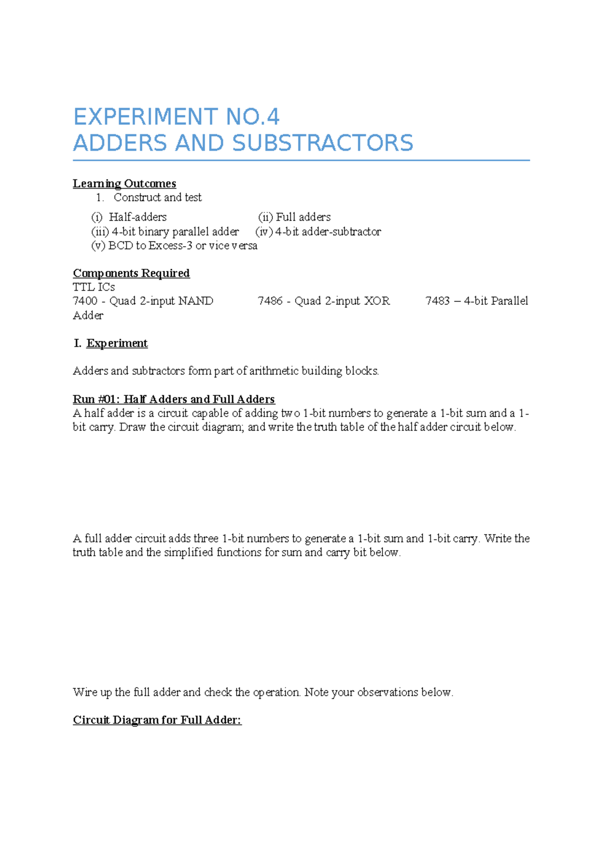 DD Expt 4 Doc - bmn - EXPERIMENT NO. ADDERS AND SUBSTRACTORS Learning ...