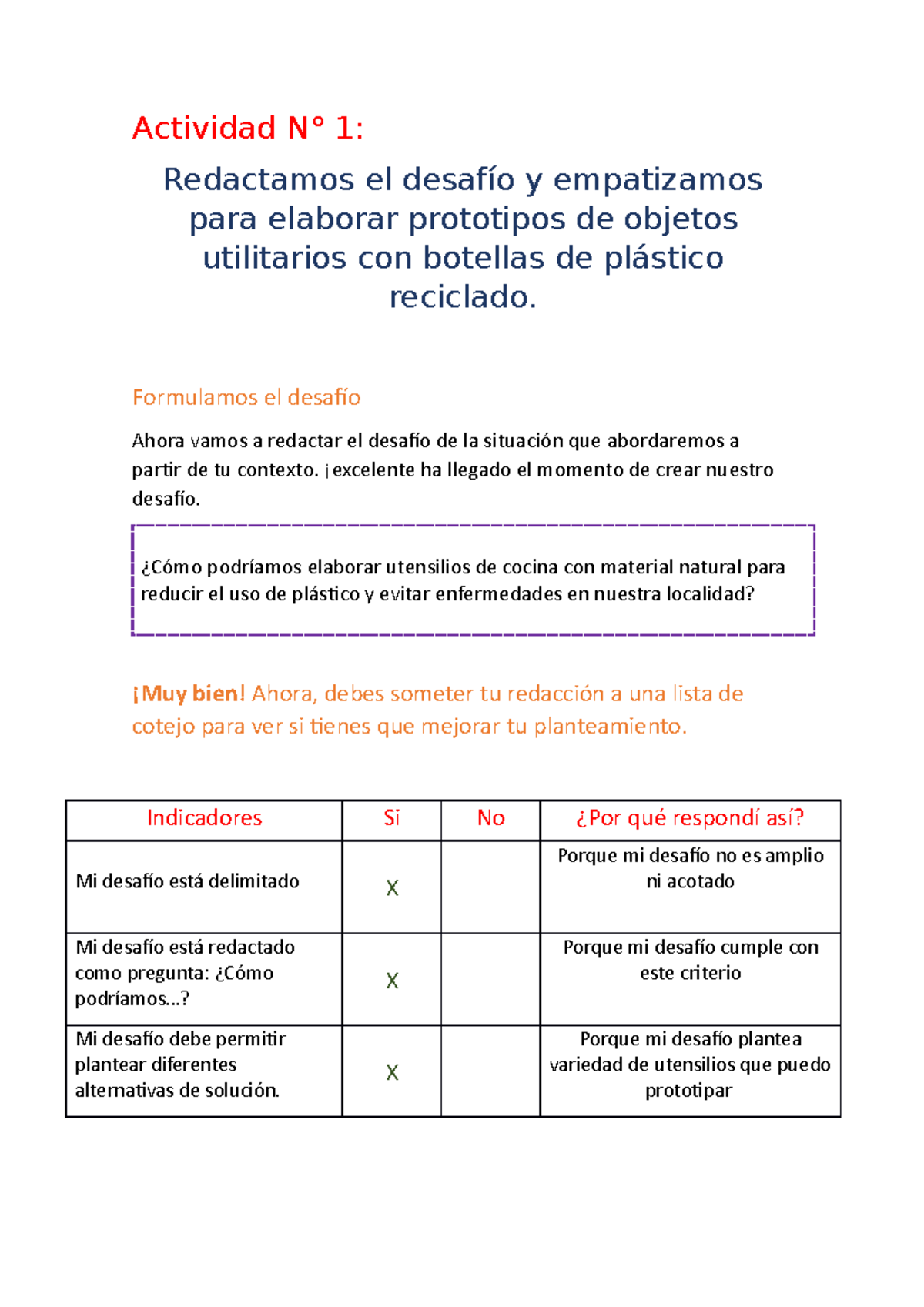Actividad maricielo - Jjmmm - Actividad N° 1: Redactamos el desafío y ...