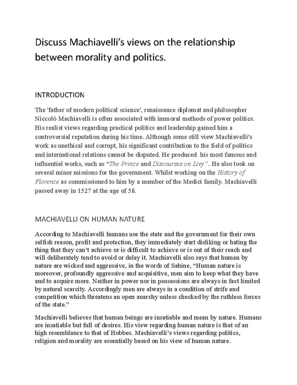 Machiavelli Paper 05 - Discuss Machiavelli’s views on the relationship ...