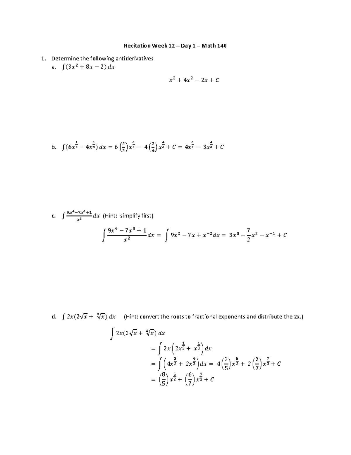 Recitation week 12 - solutions - Recitation Week 12 – Day 1 – Math 140 ...