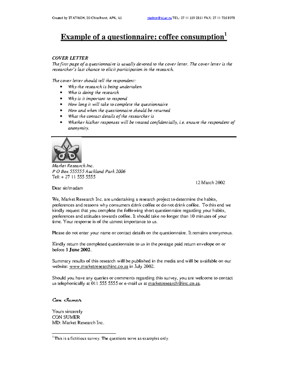 Questionaire (sample) - Example of a questionnaire: coffee consumption ...