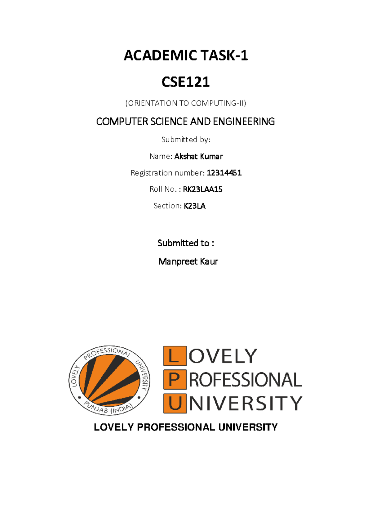 At1 Academic Task 1 Cse Orientation To Computing Ii Computer Science And Engineering