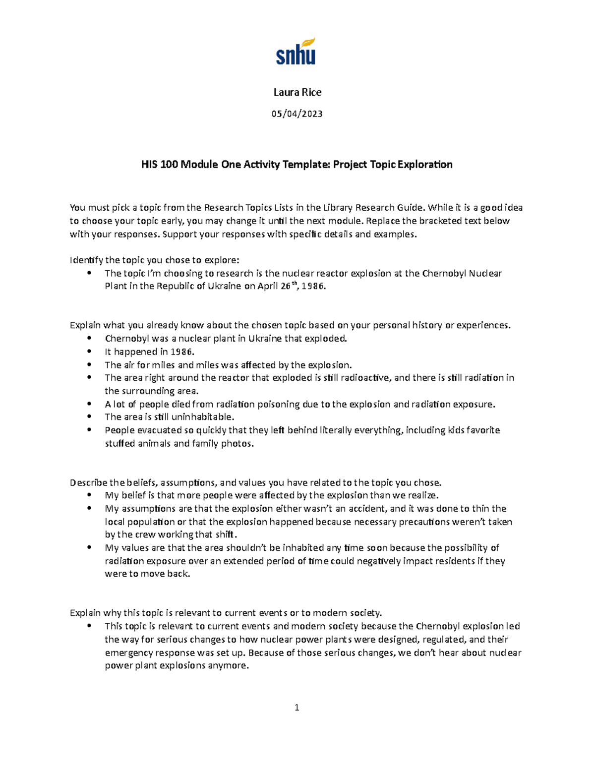 HIS 100 Module One Activity Template completed - Laura Rice 05/04/ HIS ...