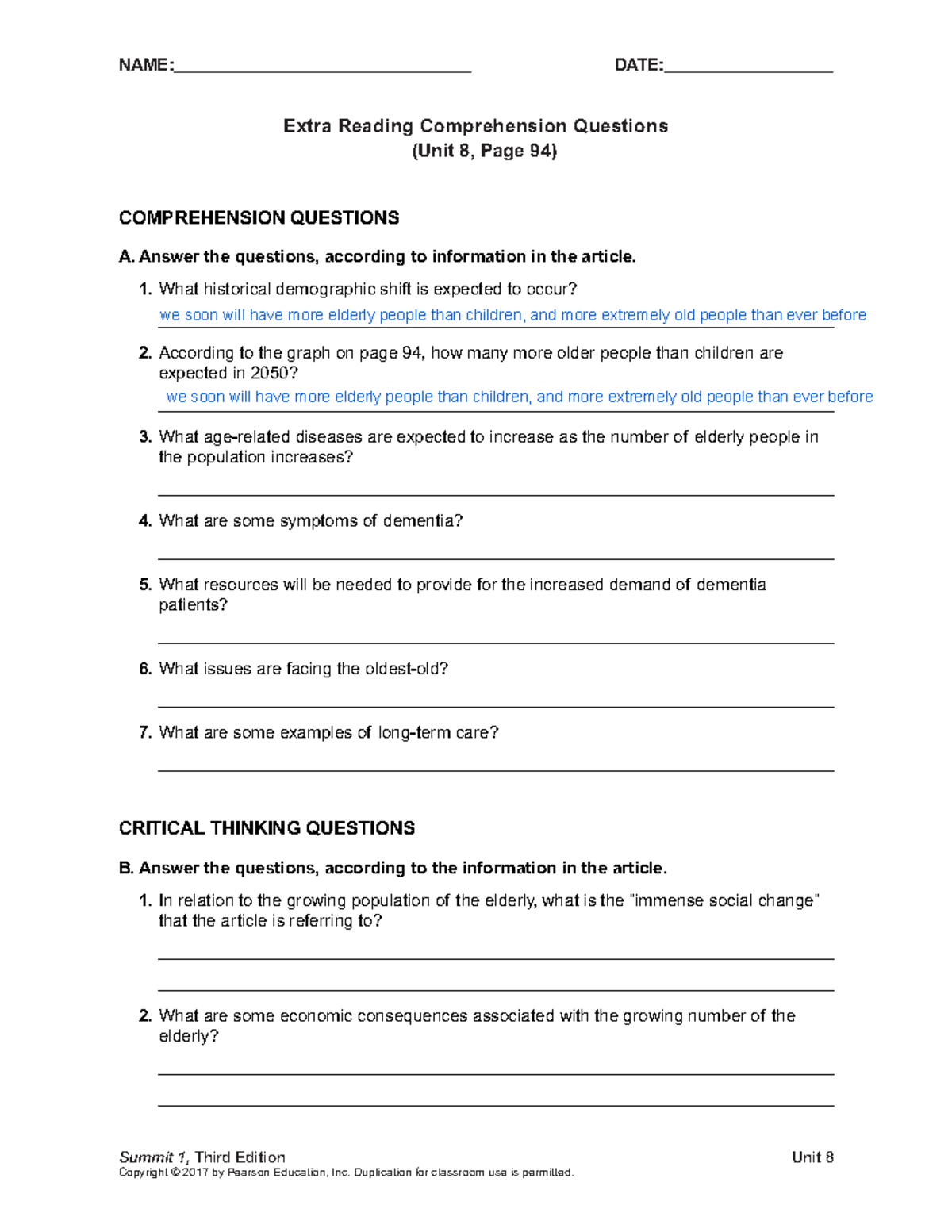 Unit8 reading questions - Copyright © 2017 by Pearson Education, Inc ...