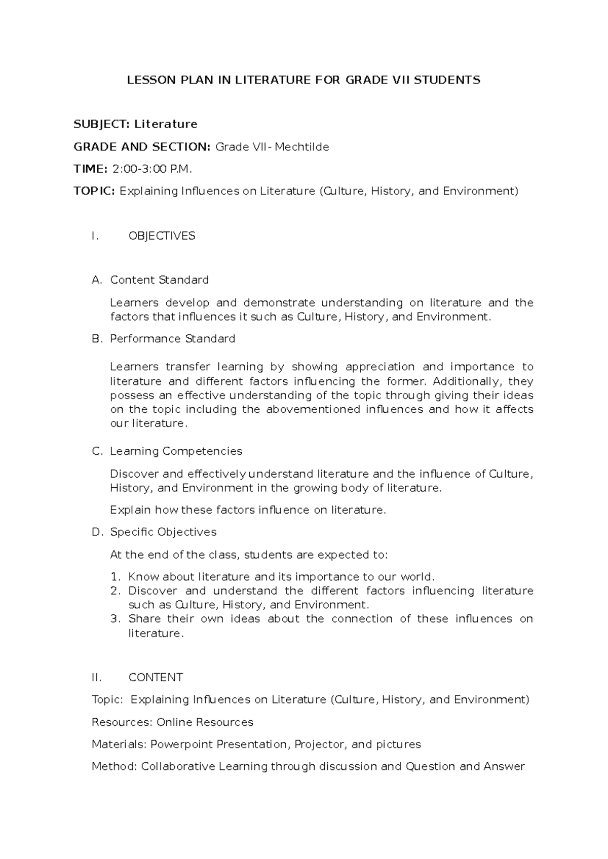 Lesson PLAN IN Literature FOR Grade VII Students - LESSON PLAN IN ...