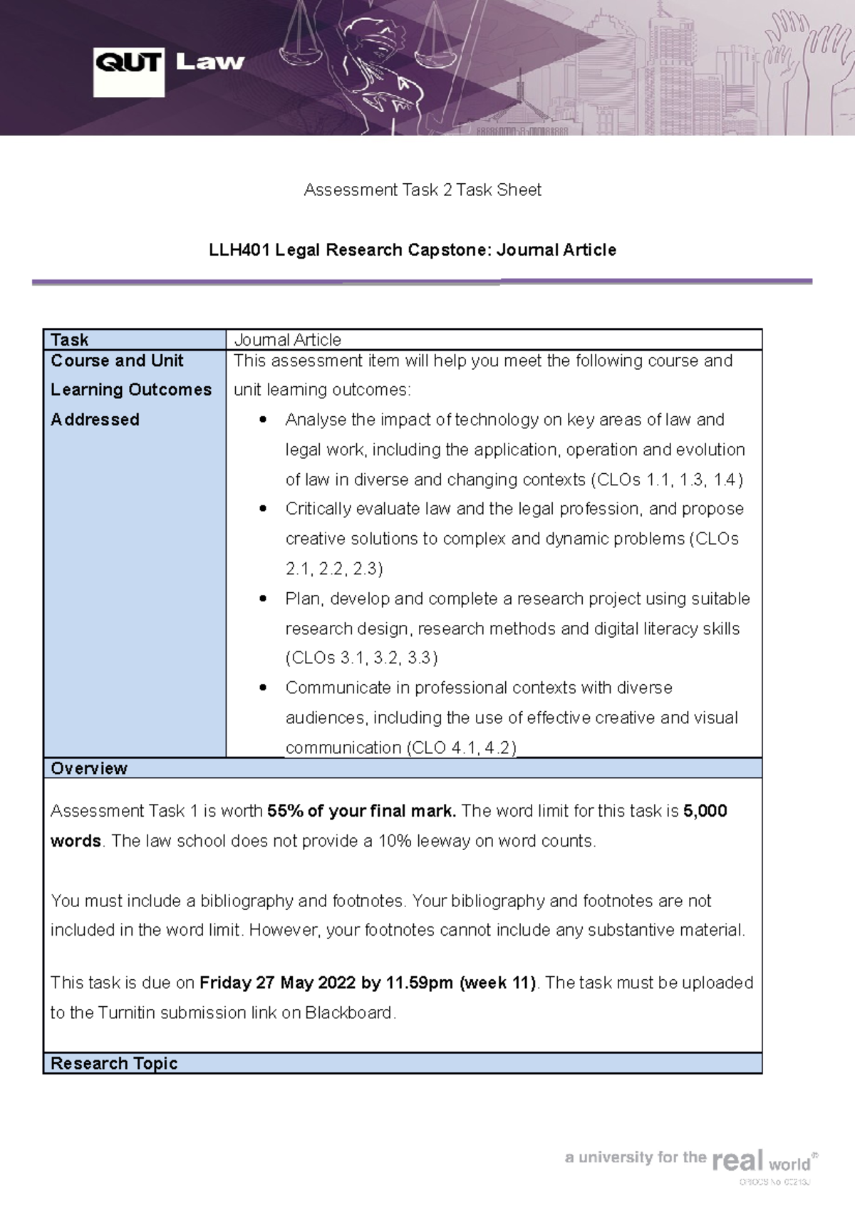2022 S1 LLH401 Assessment Task 2 Task Sheet - Assessment Task 2 Task Sheet LLH401 Legal Research ...