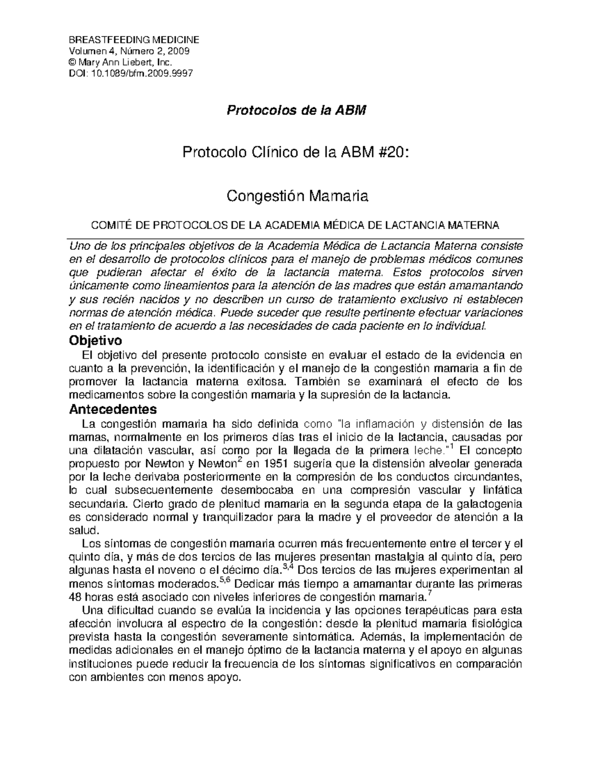 Protocolos de la ABM Protocolo Clínico de la ABM #20 Congestión Mamaria ...