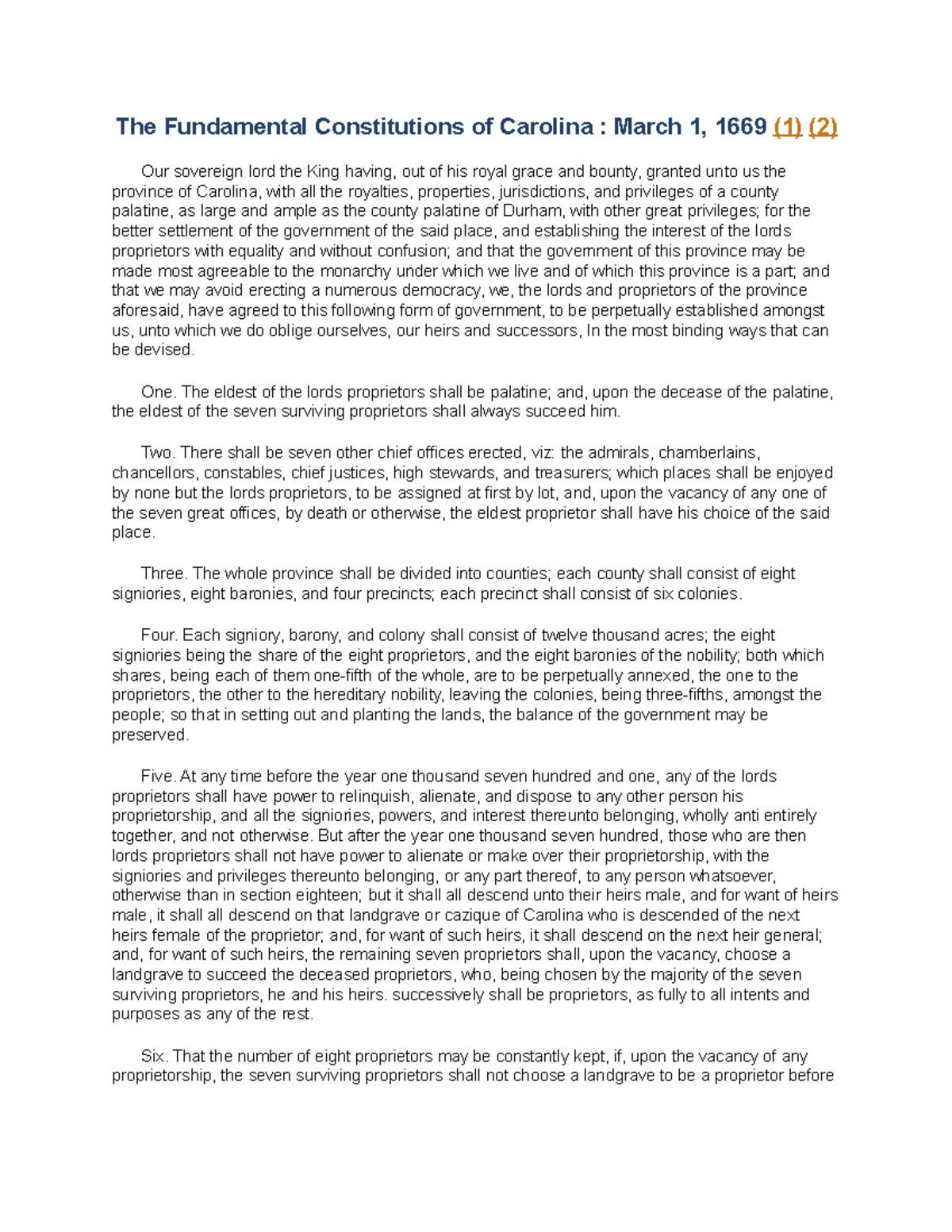 The Fundamental Constitutions of Carolina - One. The eldest of the ...