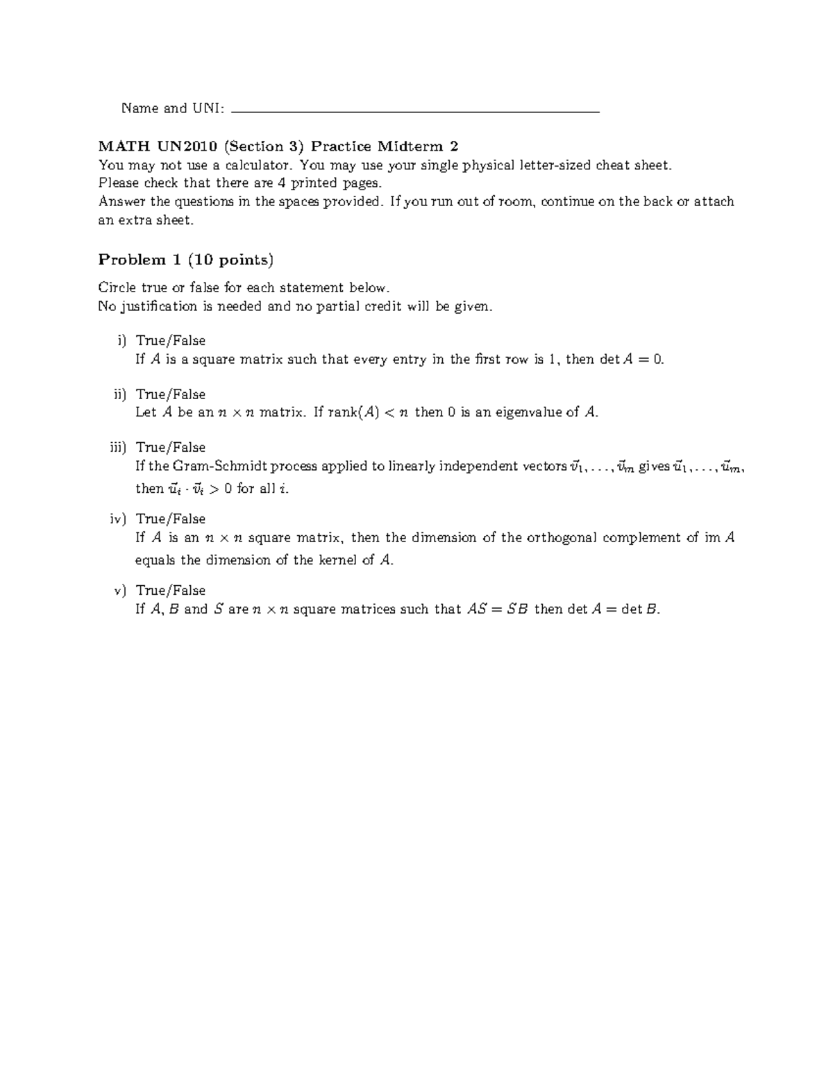 Practice-midterm 2 - Name and UNI: MATH UN2010 (Section 3) Practice ...